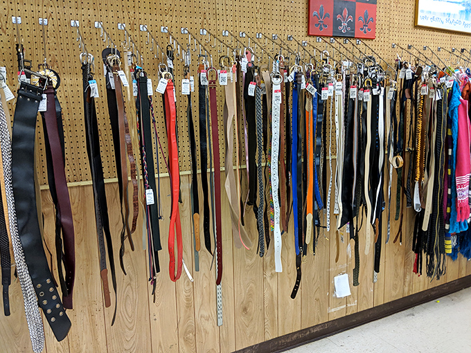 The belt display resembles a leather waterfall, with options ranging from boardroom-appropriate to "I'm with the band" cool.