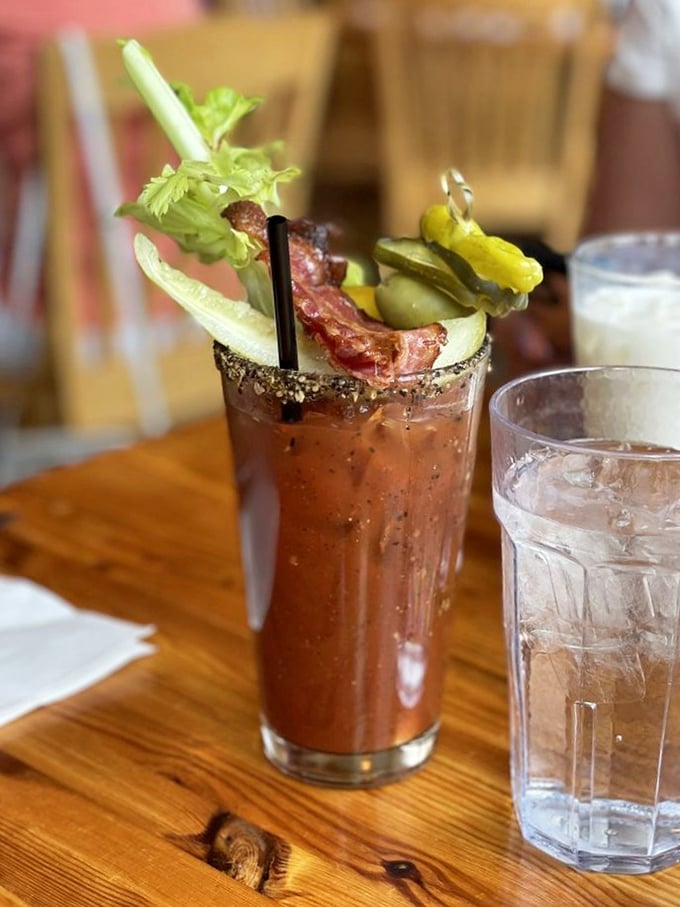 The Bloody Mary comes fully loaded like a mountain expedition pack – garnished with enough vegetables to count as your daily serving.