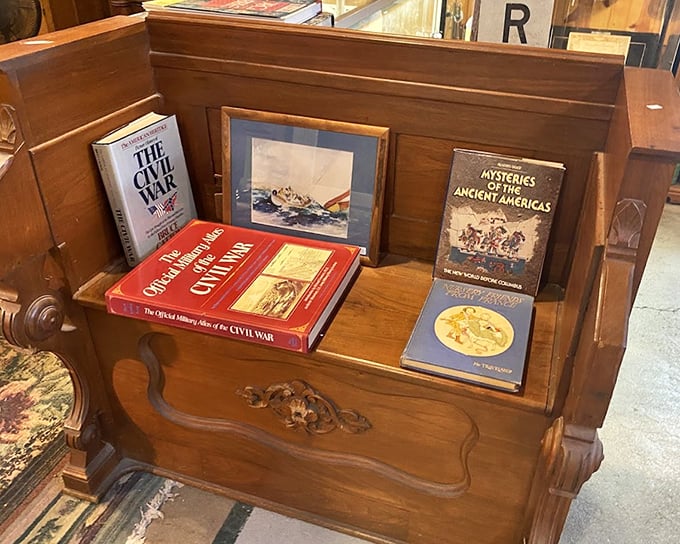Books nestled in carved wood—history holding history. That Civil War tome has probably outlived several reading chairs in its literary lifetime.