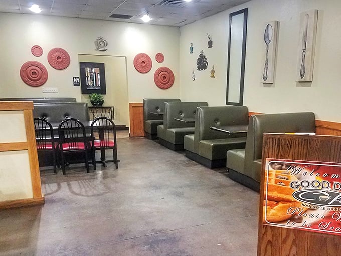 These booths aren't just seating—they're conversation pods where coffee refills and Texas tales flow with equal abundance.
