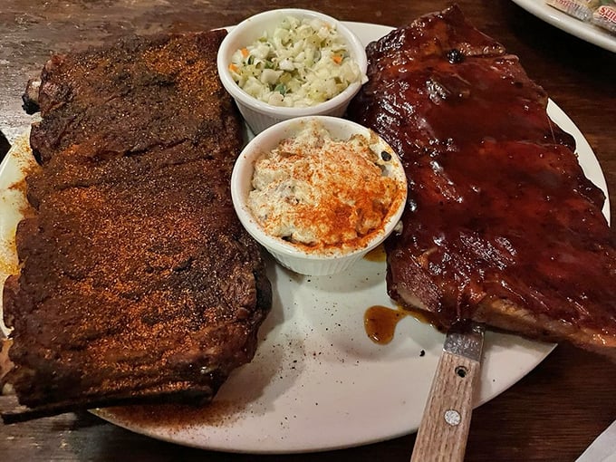 Half wet, half dry ribs with perfect sides—it's not indecision, it's brilliant strategy. Why choose when you can have it all?