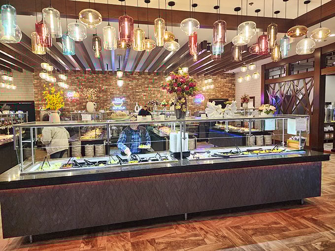 A buffet station that's part food display, part art installation, where flowers and flavors compete for your attention—and everyone wins.