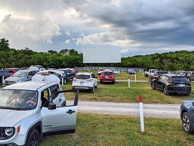 Cars align in perfect formation like eager audience members taking their seats. Each vehicle becomes a private theater with the best view in town.
