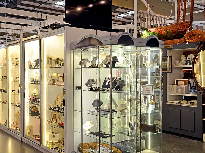 Illuminated display cases showcase the smaller treasures – jewelry, collectibles, and miniature works of art await their forever homes.