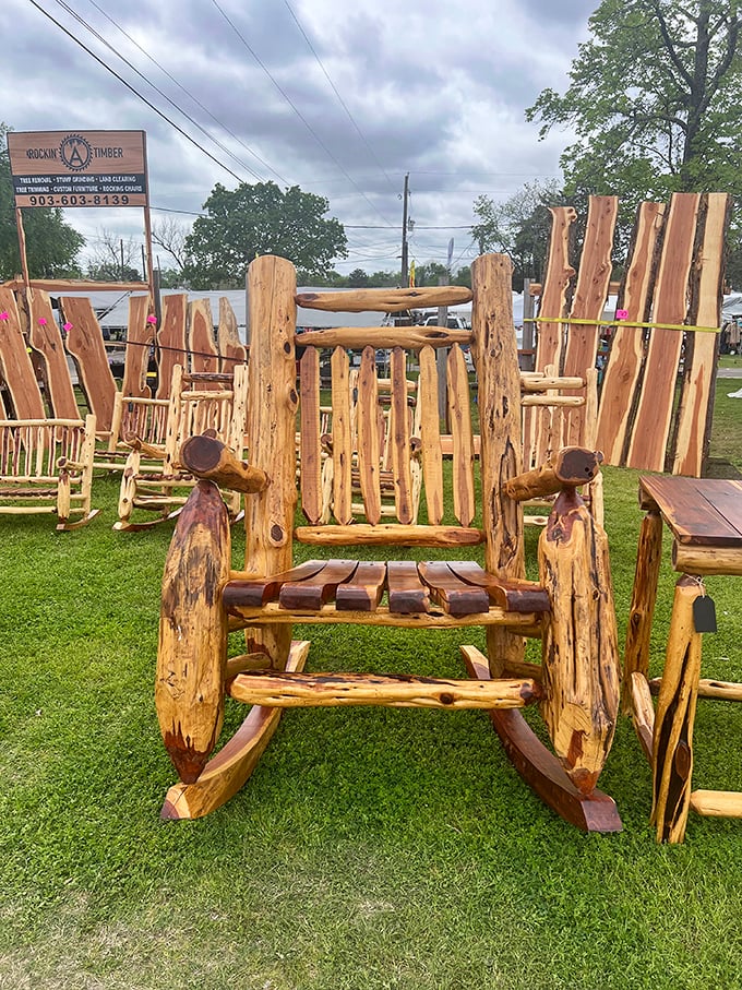 Rustic rocking chairs that practically whisper "sit a spell" in a Texas drawl. Handcrafted comfort that would make Hank Hill proud.