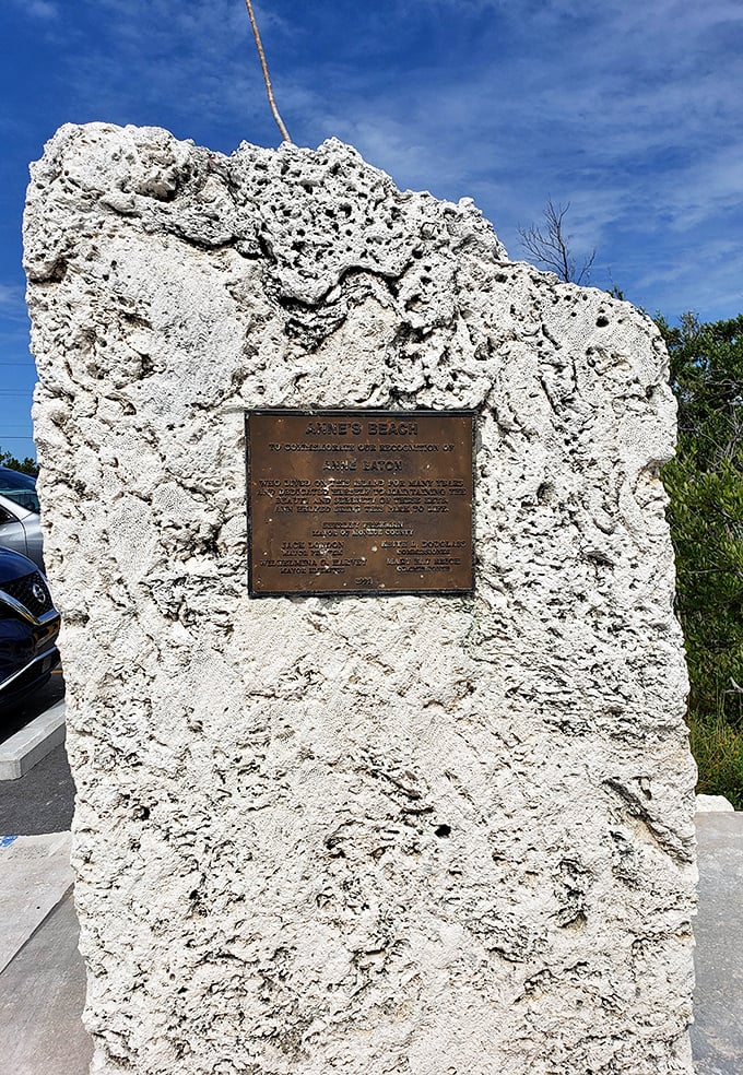 History set in stone: the commemorative plaque honors Anne Eaton, whose environmental advocacy helped preserve this natural treasure.