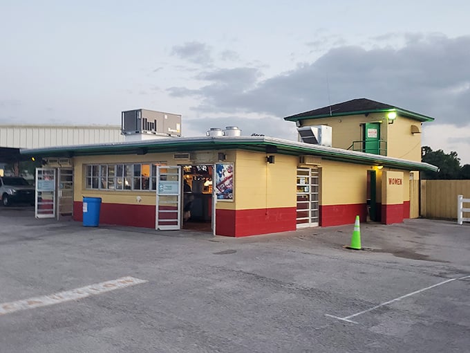 Primary colors and practical design—the concession stand hasn't changed because it never needed to. Perfection is timeless.