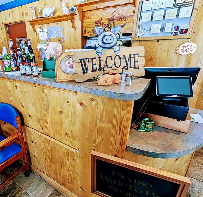 The welcome counter says it all—pig-themed decor, rustic wood, and the promise of hospitality that feels genuinely Floridian rather than tourist-manufactured.