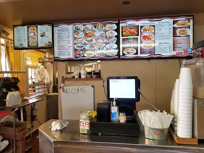 The ordering counter may be simple, but it's the gateway to flavor town—complete with handwritten welcome sign and a menu of Mexican classics.