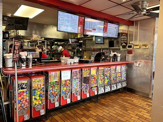 Where milkshake dreams come true. Those candy machines aren't decoration—they're foreshadowing for your sugar journey.