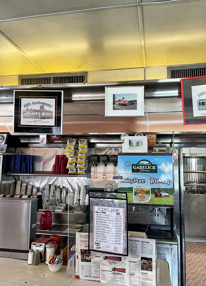 Behind the scenes where diner magic happens—coffee flows freely and the sizzle of the grill provides the soundtrack.