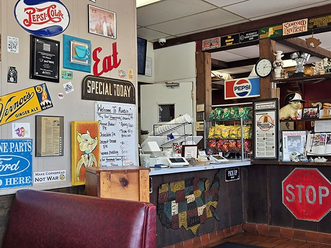 The counter area feels like a museum of Southern nostalgia – where vintage signs and friendly service create the perfect pre-barbecue anticipation.