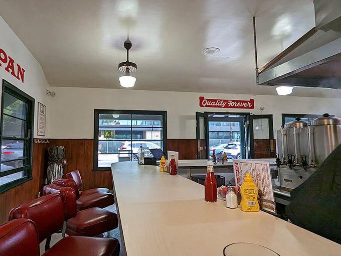 The counter view reveals the heart of The Apple Pan – where strangers become temporary neighbors united by the universal language of good food.