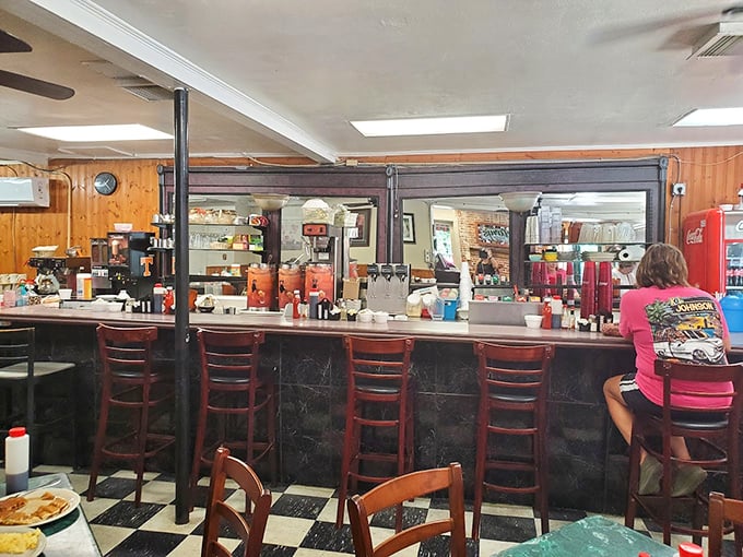 The counter seating—where solo diners become temporary neighbors and the coffee refills flow like conversation between old friends.