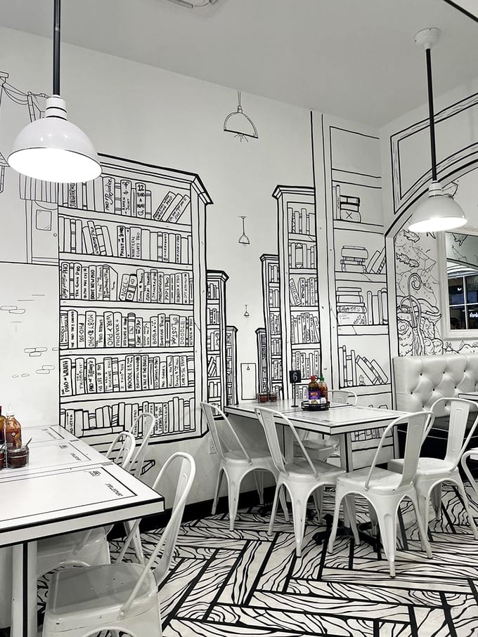 Dining among illustrated bookshelves feels like eating inside a graphic novel. Even the light fixtures play along with the two-dimensional illusion.