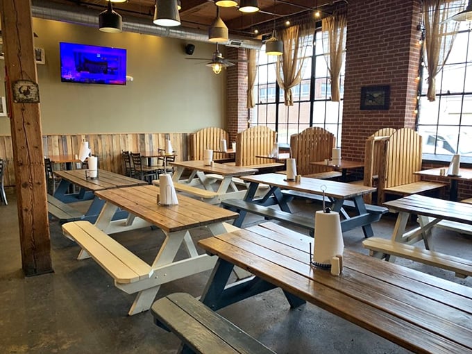 The dining room – where wooden picnic tables invite strangers to become friends over a shared love of smoked meats.