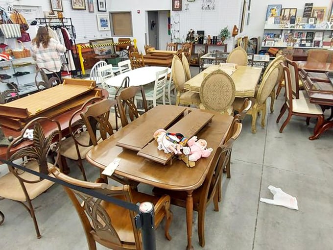 Dining sets galore—each one a silent witness to family dinners past. Your next Thanksgiving table is waiting somewhere in this forest of furniture.