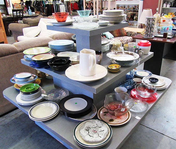 Dish paradise! This tiered display of plates, bowls and serving pieces could outfit a dinner party for twenty without matching a single piece.