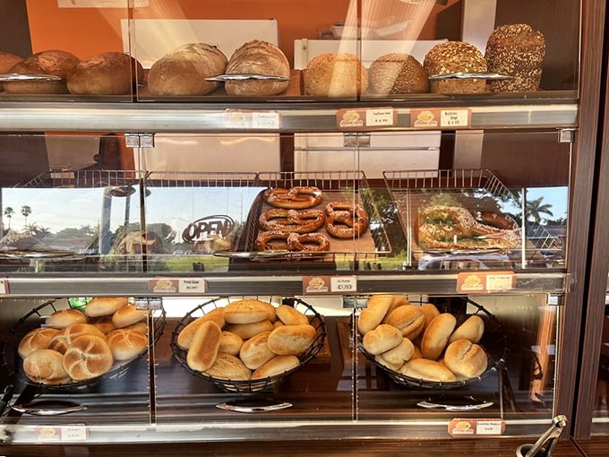 The display case at Bread Pete—where carb dreams come true and diet plans go to die in the most delicious way possible.