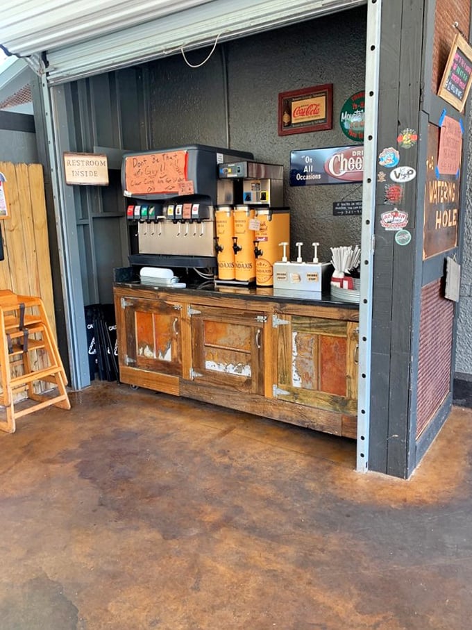The drink station – where sweet tea flows like liquid sunshine, ready to cut through the richness of your meat feast.