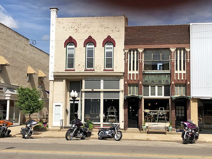 Eclectic Joy lives up to its name with a storefront that promises treasures inside—where motorcycles out front suggest even tough guys appreciate vintage finds.