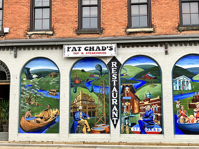 Fat Chad's storefront mural celebrates local history with artwork that makes even parking lots feel like galleries.
