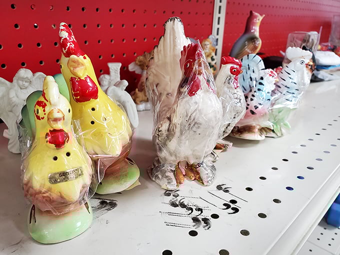 Ceramic chickens stand at attention, the quirky kitchen decor that somehow manages to be both hideous and irresistible at the same time.