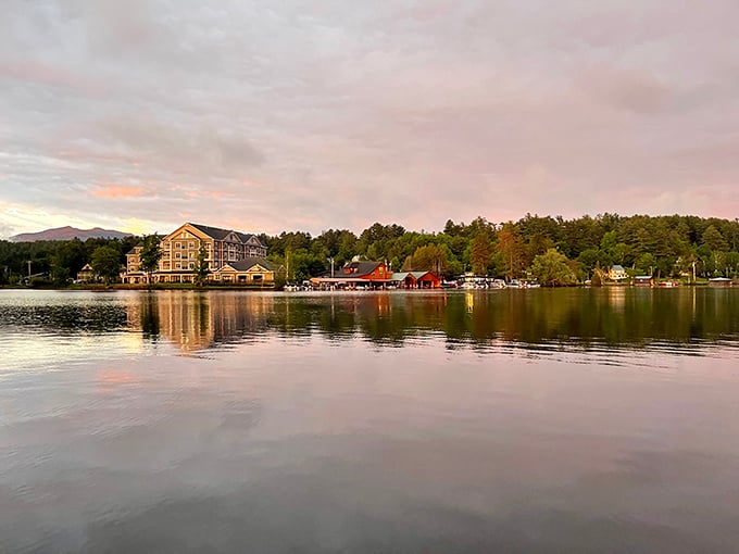 Sunset at Fogarty's Lake Flower Marina paints the water with colors that would make Bob Ross weep with joy. Nature's daily masterpiece, free of charge.
