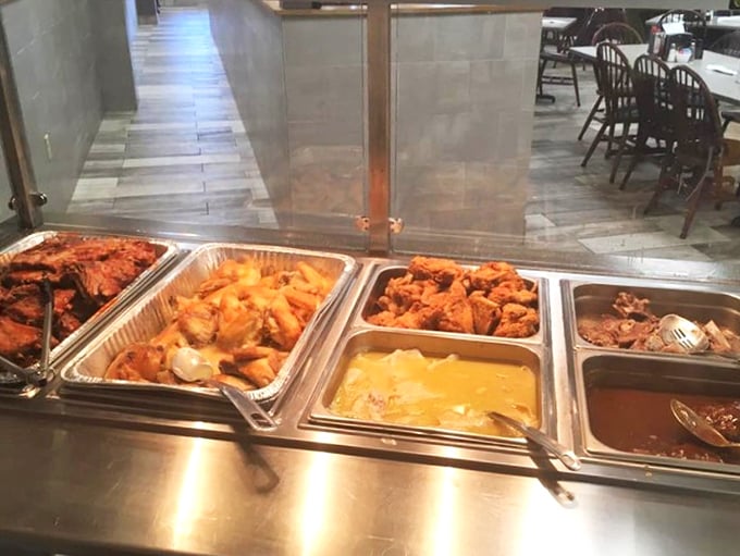 The hot bar showcases Southern classics kept warm and ready – a buffet of decisions that all somehow feel exactly right.
