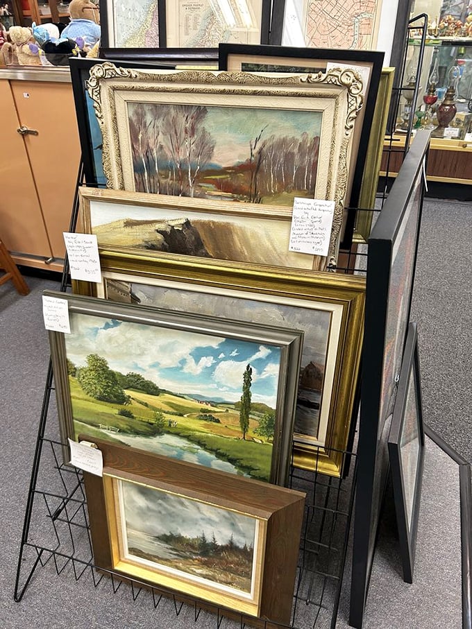 Landscapes frozen in time, each painting a window to a world that may no longer exist. Affordable art with vintage frames worth the price alone.