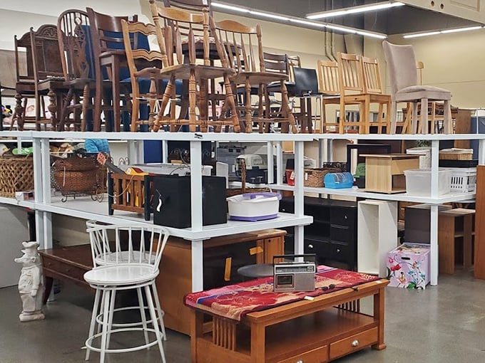 Furniture finds stacked with possibility—that wooden coffee table could be the vintage centerpiece your living room has been missing.