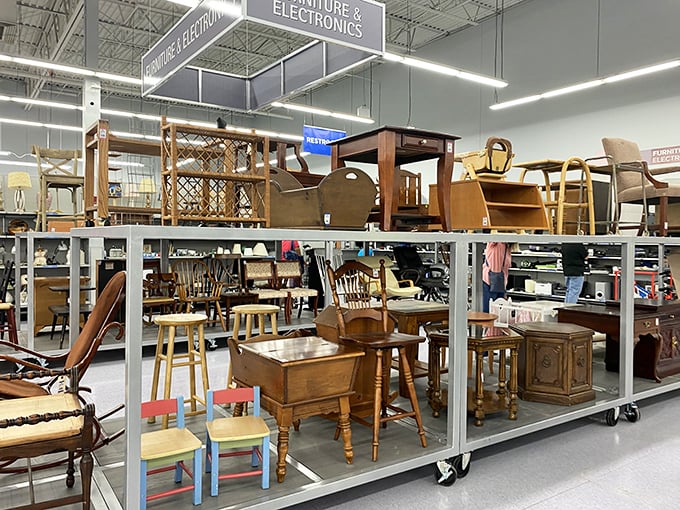 The furniture section resembles a time-traveling living room showroom, with solid wood pieces that tell stories of dinners past.
