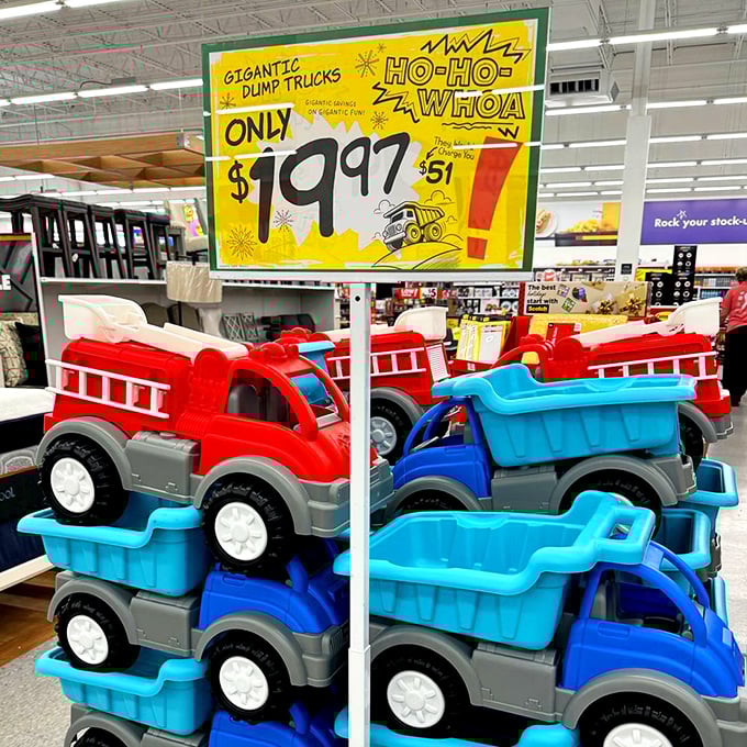 Gigantic dump trucks at tiny prices—where childhood dreams meet parental budgets in a harmonious middle ground of affordable joy.