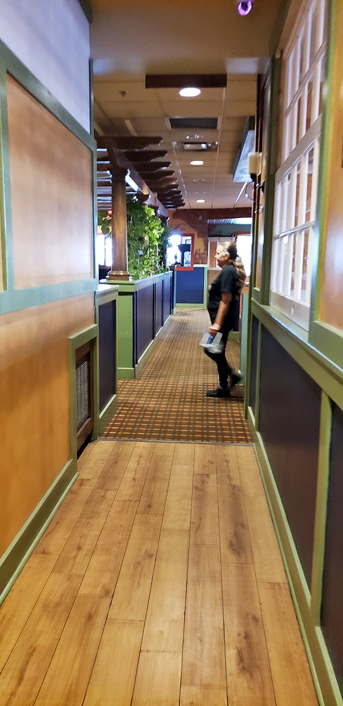 The hallway to happiness – wood-paneled and inviting. This path has guided countless hungry patrons toward breakfast bliss.