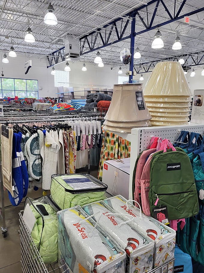 Lampshades stacked like wedding cakes tower over backpacks and bedding—the ultimate one-stop shop for dorm room essentials.