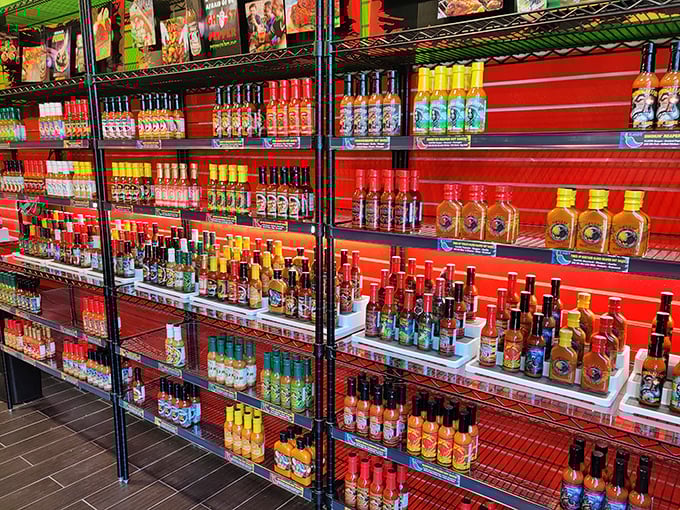 Hot sauce bottles lined up like spicy soldiers, ready to add fire to everything from eggs to regrets.