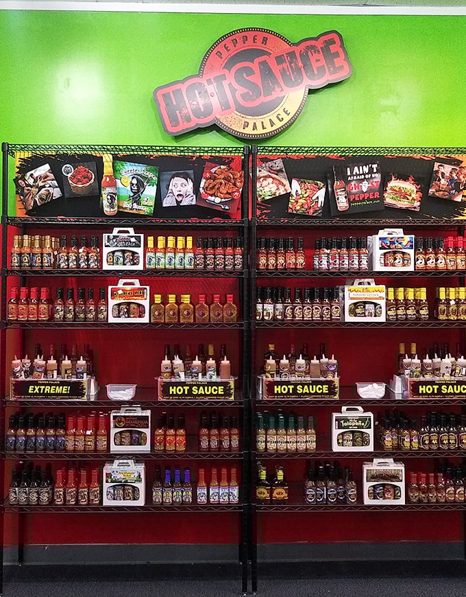 The Pepper Palace's hot sauce collection—where brave souls test their taste bud tolerance and discover that "Extreme!" can be both a warning label and a challenge.