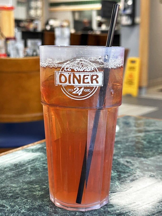 Sweet tea in a Carolina's Diner glass – the unofficial state beverage of North Carolina, served properly with enough ice to survive summer heat.