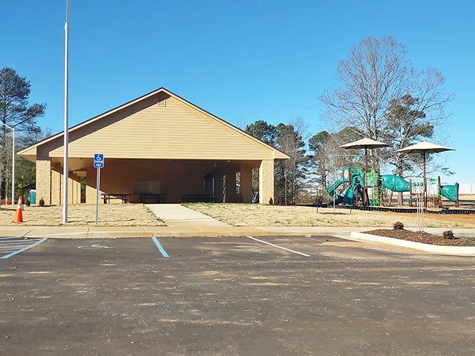 This pavilion and playground combo is the community equivalent of the kids' table and adults' table at Thanksgiving – everyone's happy.