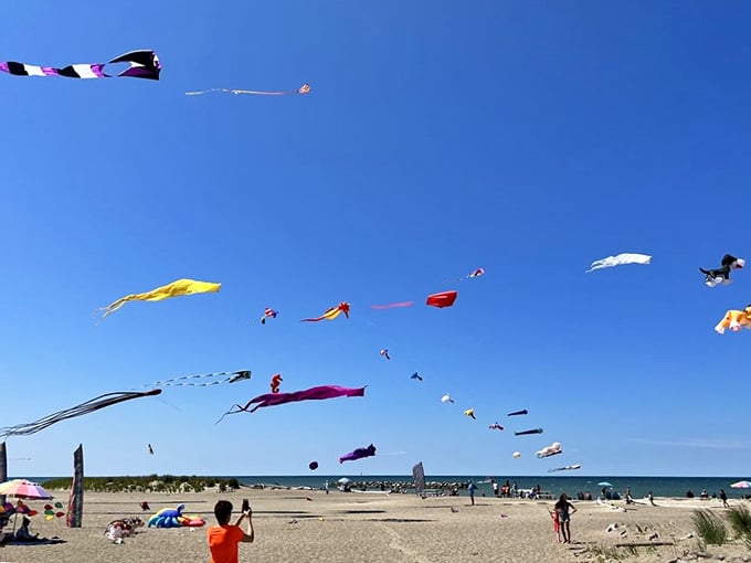 Kites dance against blue skies while the lighthouse keeps watch – it's basically a Norman Rockwell painting come alive.