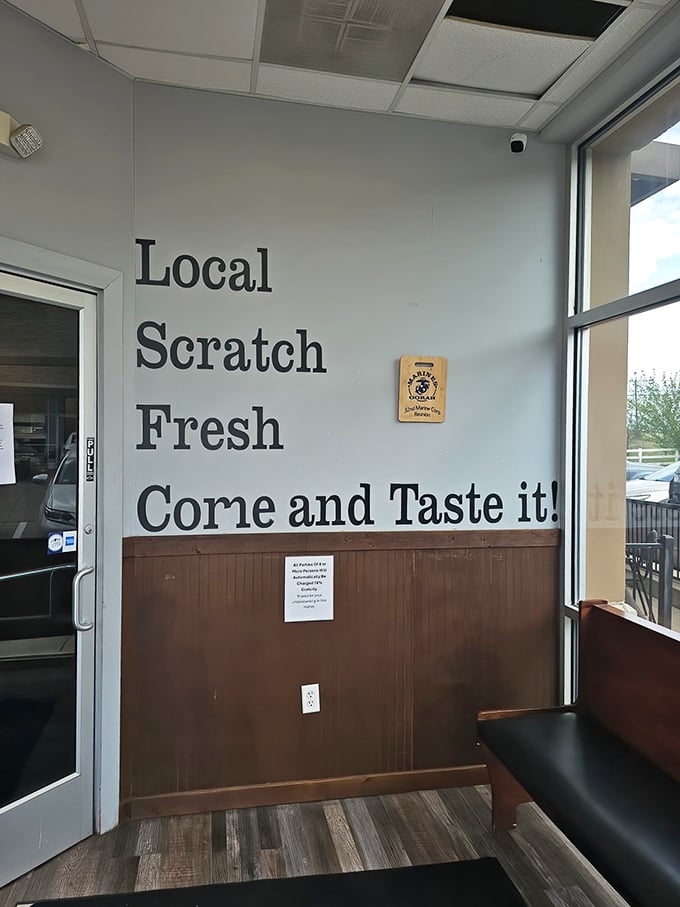"Local, Scratch, Fresh, Come and Taste it!" isn't just wall decor—it's the four-part harmony this diner sings with every dish that leaves the kitchen.