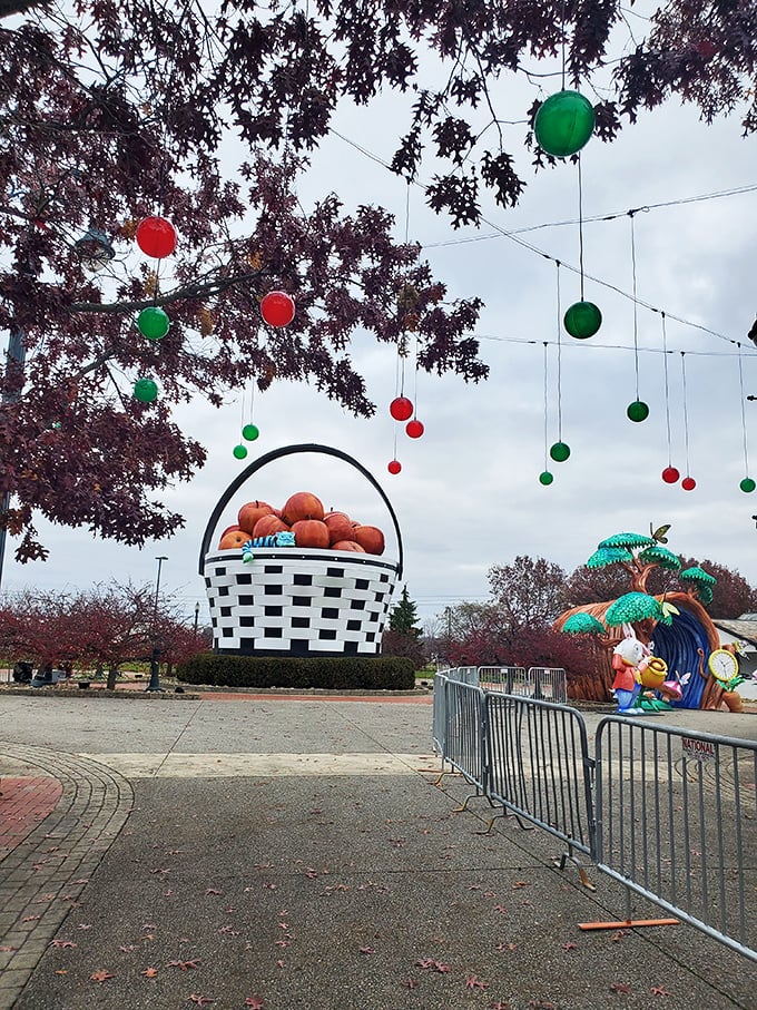 Christmas ornaments or giant fruit? During holiday season, this basket attraction gets dressed in its festive finest.