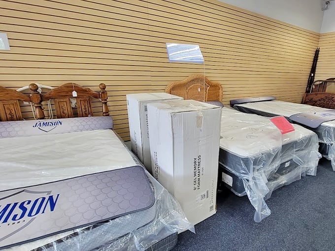Brand new mattresses wrapped and waiting, because even bargain hunters deserve a good night's sleep.