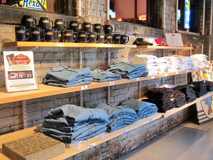 The gift shop's brick walls display merchandise as carefully as the museum displays its signs—history you can take home.