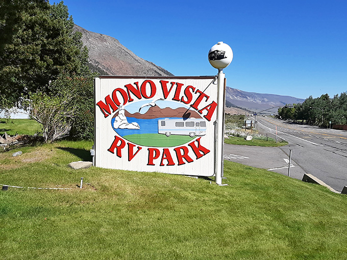 The Mono Vista RV Park sign – proudly advertising accommodations with a view that hotel chains would charge quadruple for.