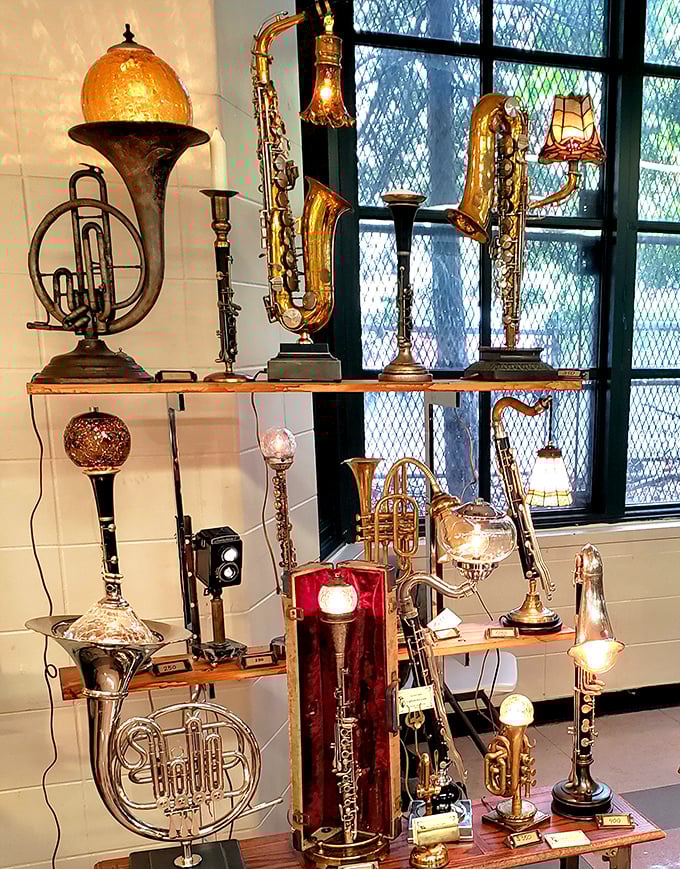 Musical instruments reborn as illuminating art—these brass beauties now conduct electricity instead of orchestras, lighting up rooms with vintage charm.