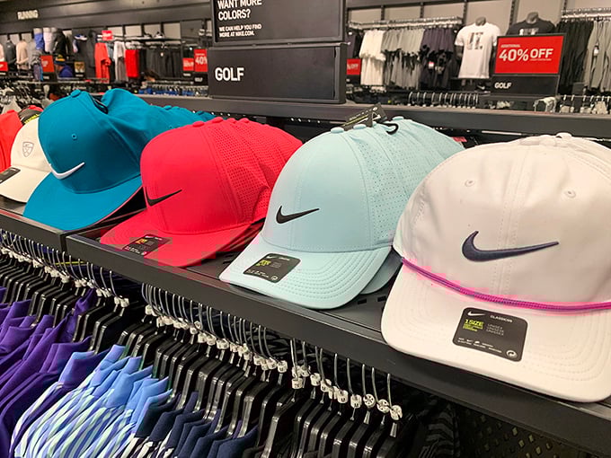 Nike's golf hat display brings country club style to everyday budgets with a palette of colors that outshines the California sunset.