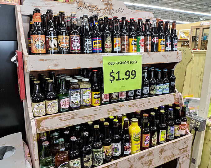 A rainbow of vintage sodas offers flavors that transport taste buds back to simpler times – nostalgia in liquid form.