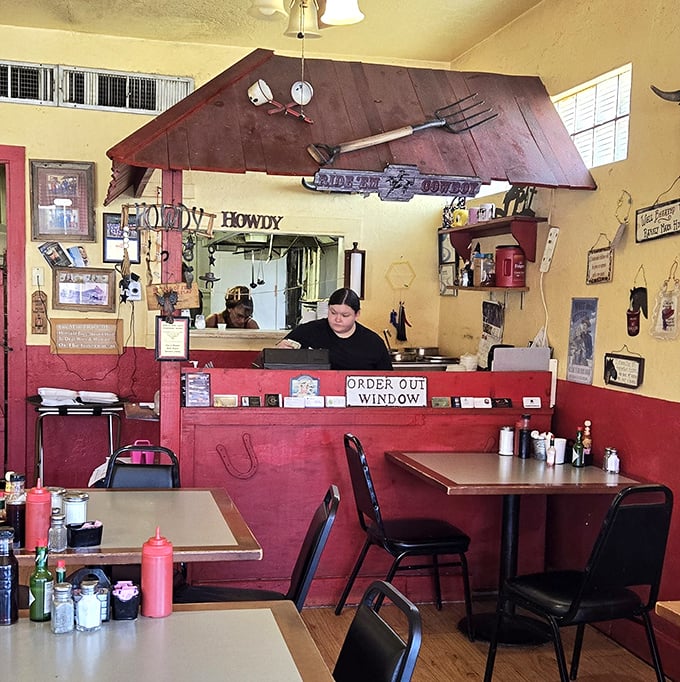 "Order Out Window" – where magic happens behind a red counter, proving that the best kitchens don't need fancy equipment, just skilled hands.