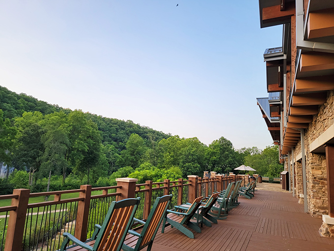 The lodge's deck chairs aren't just seats—they're front-row tickets to the best show in Missouri: sunset over the Ozark hills.